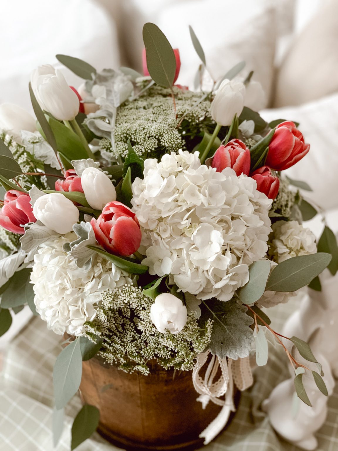 Antique Wooden Bucket With Spring Florals
